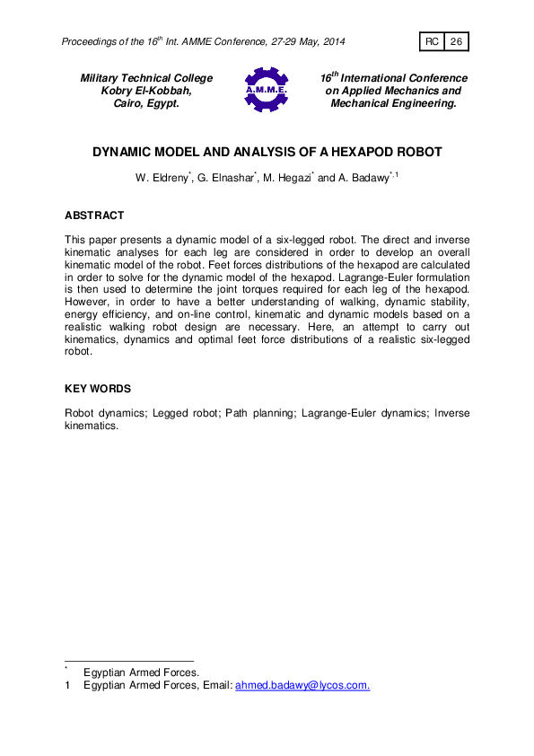 (PDF) Dynamic Model and Analysis of a Hexapod Robot