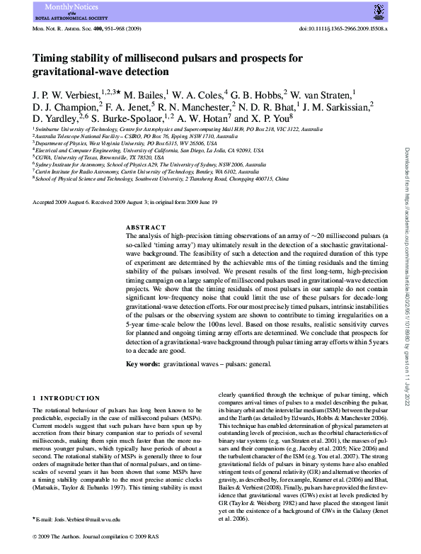 (PDF) Timing stability of millisecond pulsars and prospects for gravitational-wave detection
