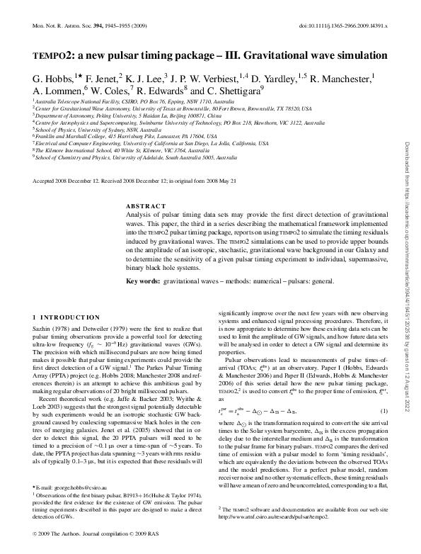 (PDF) tempo2: a new pulsar timing package - III. Gravitational wave simulation