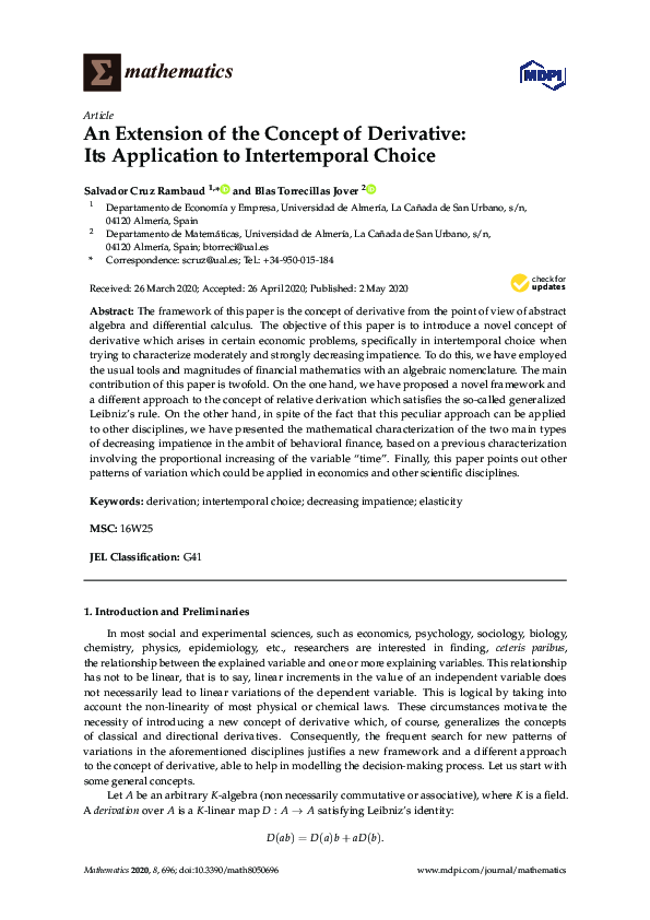 (PDF) An Extension of the Concept of Derivative: Its Application to Intertemporal Choice | Blas ...