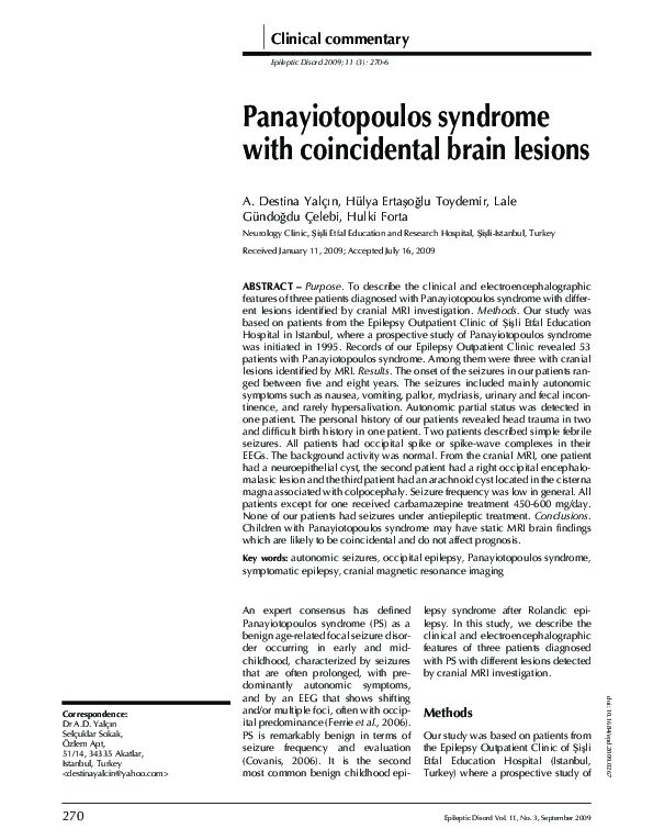 (PDF) Panayiotopoulos syndrome with coincidental brain lesions