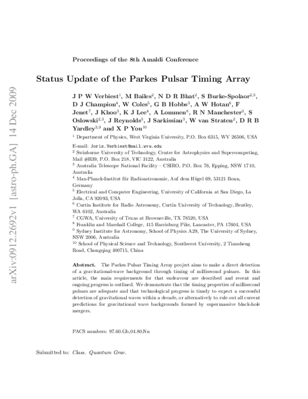 (PDF) Status update of the Parkes pulsar timing array