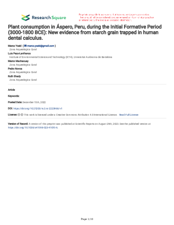 (PDF) Plant consumption in Áspero, Peru, during the Initial Formative ...
