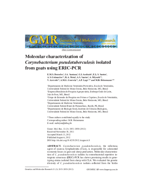 (PDF) Short Communication Molecular characterization of Corynebacterium pseudotuberculosis ...