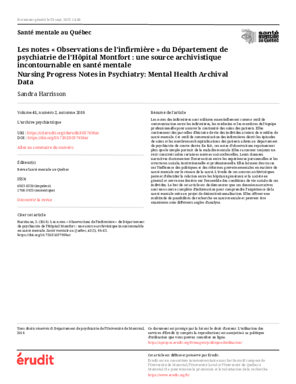 (PDF) Les notes « Observations de l’infirmière » du Département de ...