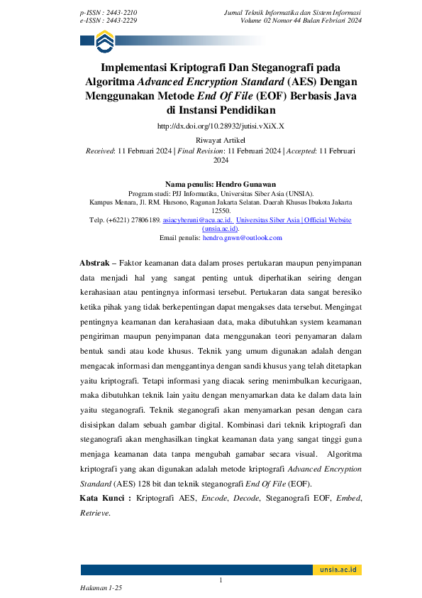 Pdf Implementasi Kriptografi Dan Steganografi Pada Algoritma Advanced Encryption Standard Aes