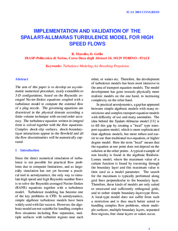 (PDF) Implementation and Validation of the Spalart-AllmarasTurbulence Model for High Speed Flows