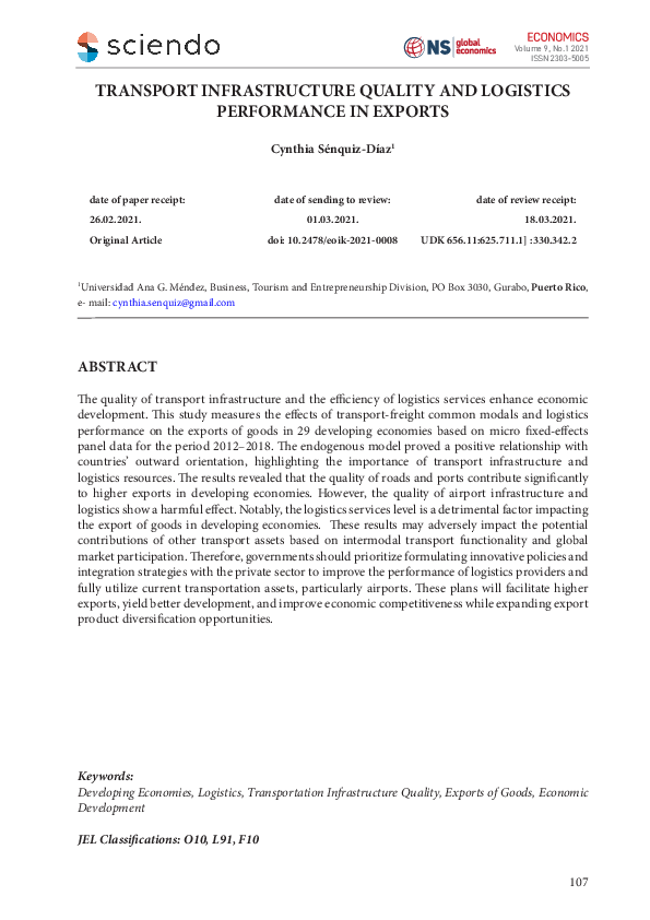(PDF) Transport Infrastructure Quality and Logistics Performance in Exports
