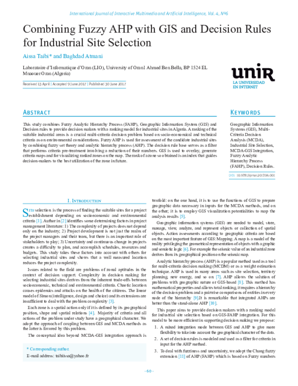 (PDF) Combining Fuzzy AHP with GIS and Decision Rules for Industrial Site Selection