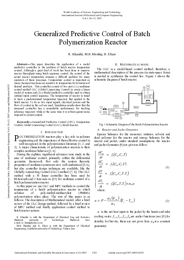(PDF) Generalized Predictive Control Of Batch Polymerization Reactor