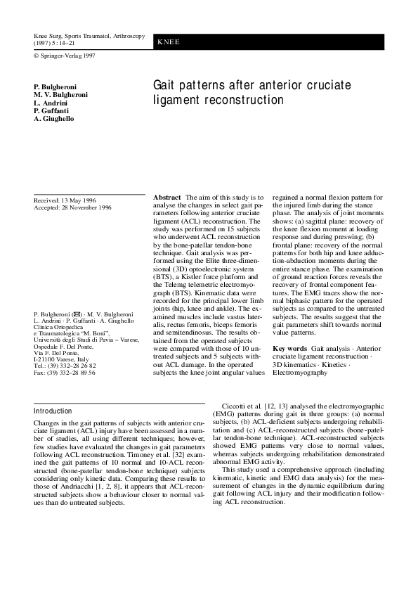 (PDF) Gait patterns after anterior cruciate ligament reconstruction