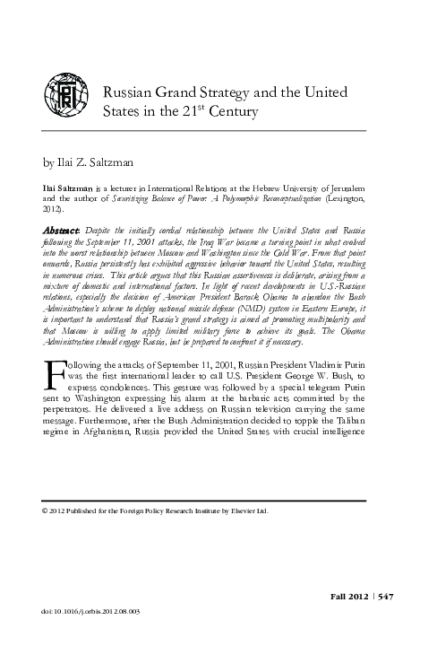 (PDF) Russian Grand Strategy and the United States in the 21st Century