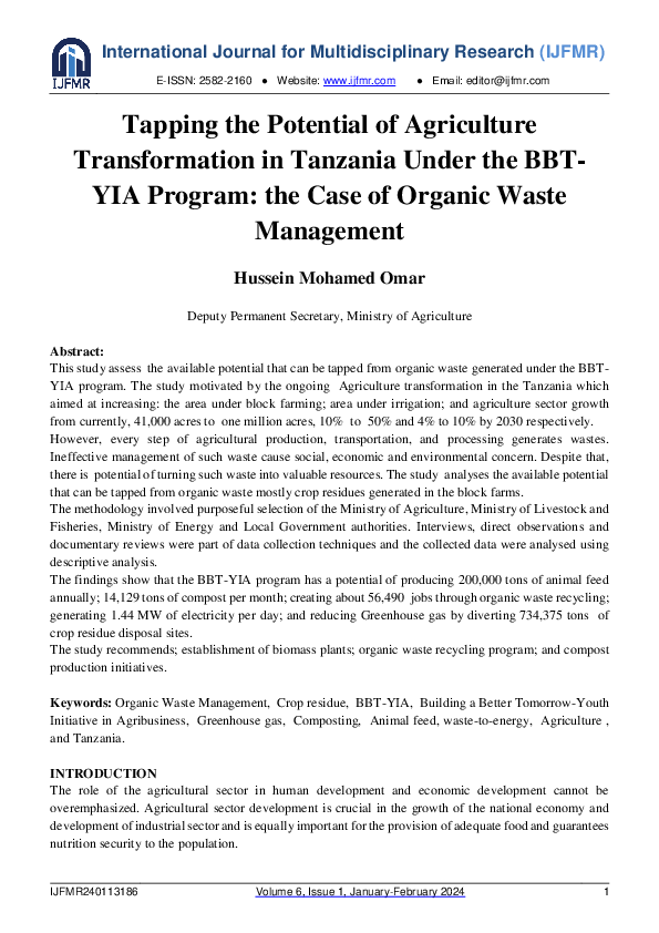 (PDF) Tapping the Potential of Agriculture Transformation in Tanzania Under the BBT-YIA Program ...