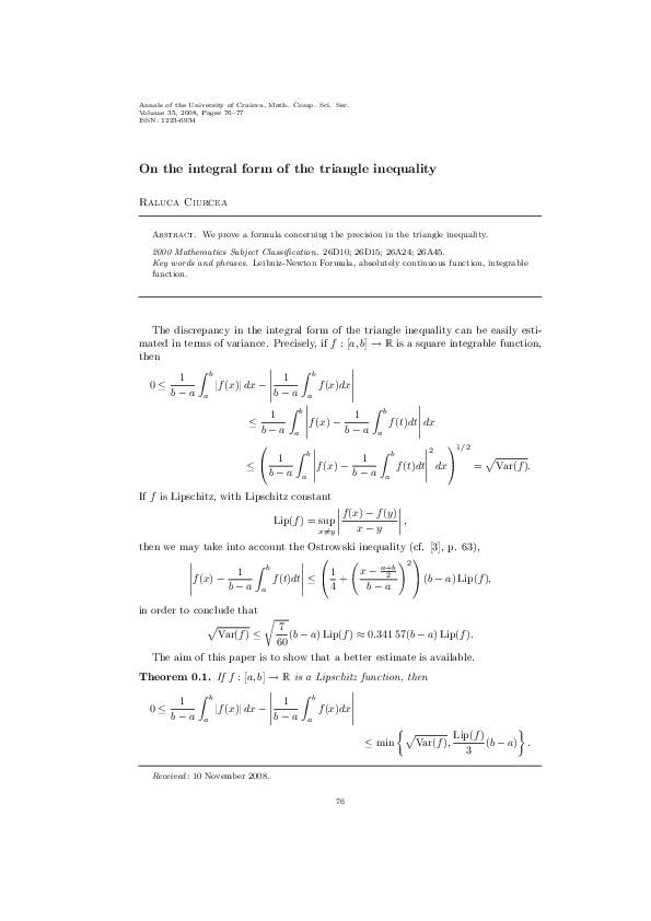 (PDF) On the integral form of the triangle inequality