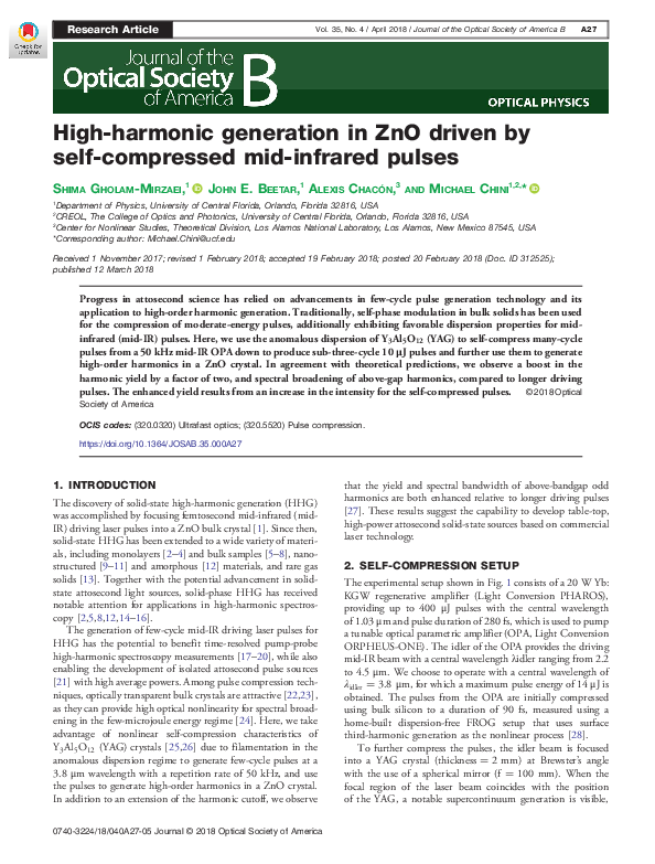 (PDF) High-harmonic generation in ZnO driven by self-compressed mid-infrared pulses