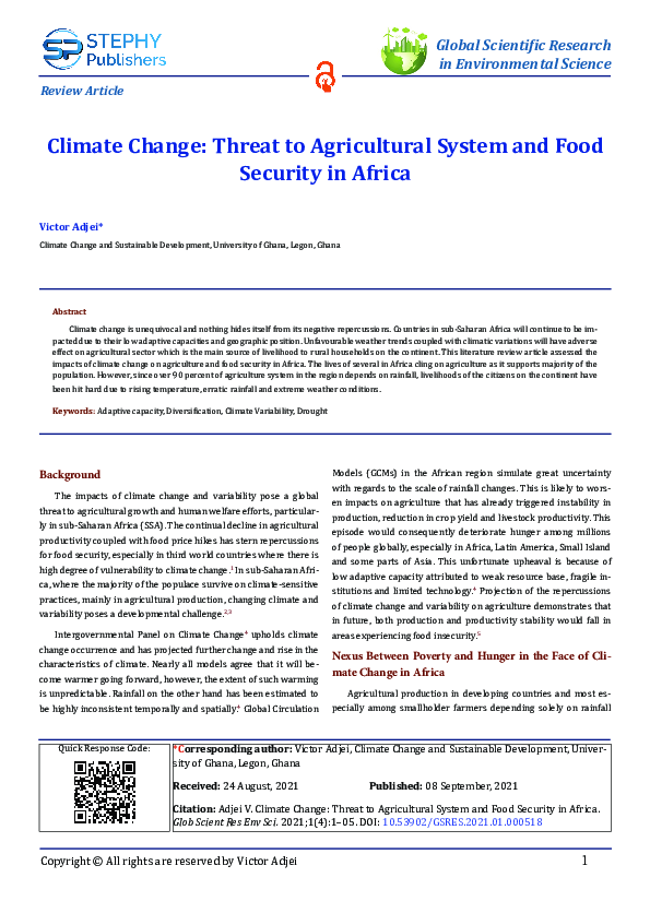 (PDF) Climate Change: Threat to Agricultural System and Food Security ...