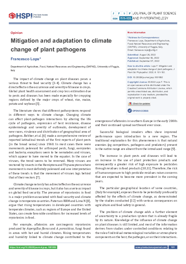 (PDF) Mitigation and adaptation to climate change of plant pathogens ...
