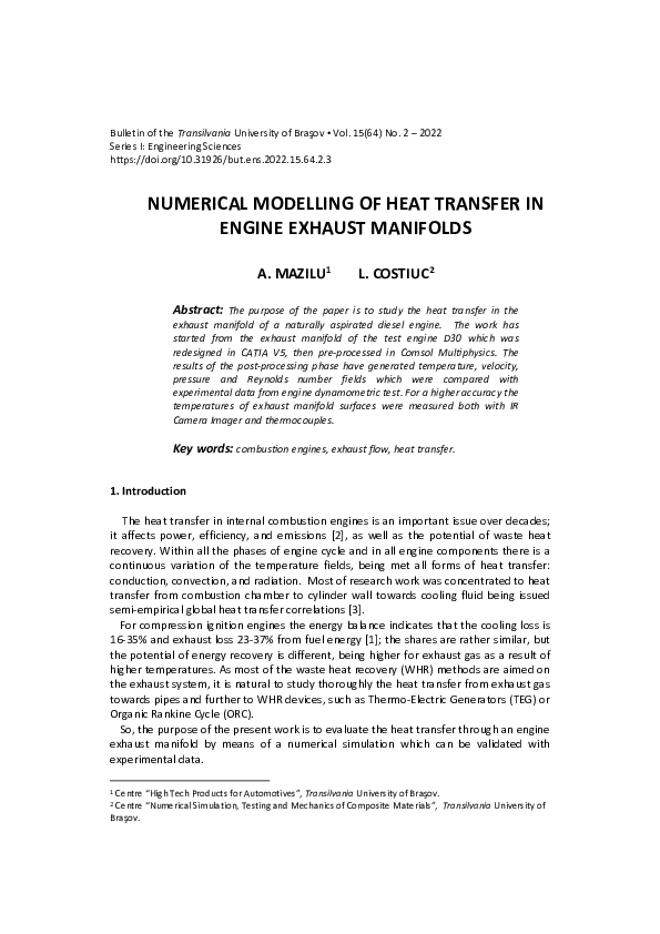 (PDF) Numerical Modelling of Heat Transfer in Engine Exhaust Manifolds