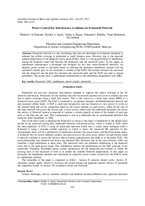 (PDF) Power Control for Interference Avoidance in Femtocell Network
