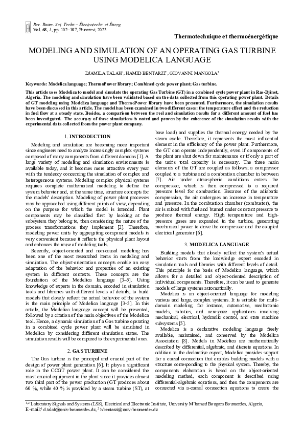 Pdf Modeling And Simulation Of An Operating Gas Turbine Using