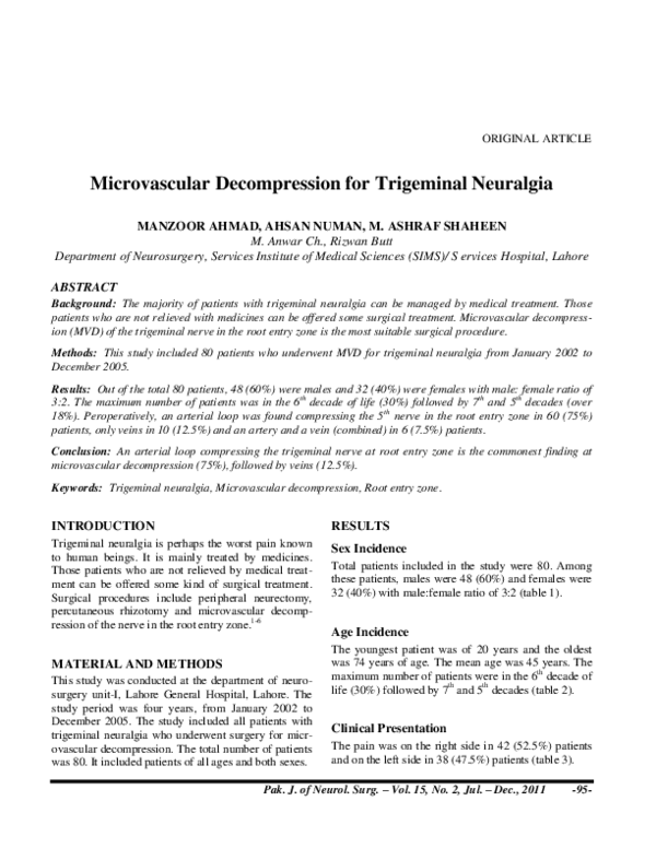 (PDF) Microvascular Decompression for Trigeminal Neuralgia | rizwan ...