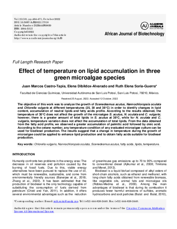 (PDF) Effect of temperature on lipid accumulation in three green microalgae species