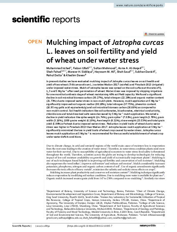 (PDF) Jatropha Leaves Mulching Effects on Wheat Under Water Stress