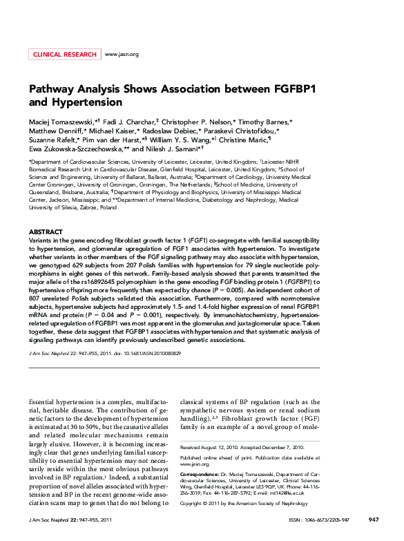 (PDF) Pathway Analysis Shows Association between FGFBP1 and Hypertension