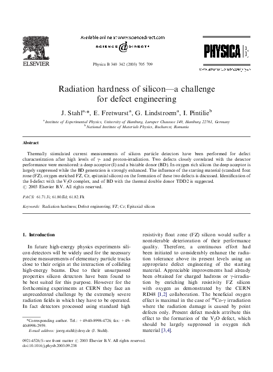 (PDF) Radiation hardness of silicon—a challenge for defect engineering