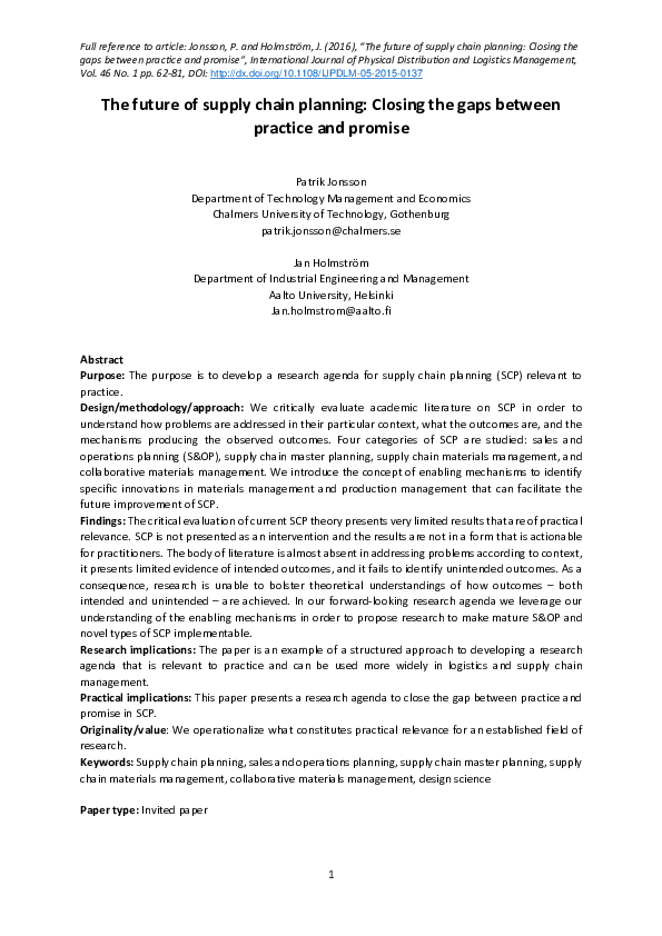 (PDF) Future of supply chain planning: closing the gaps between ...