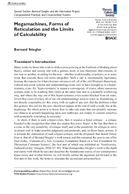 (PDF) Bernard Stiegler, "Megamachines, Forms of Reticulation and the ...