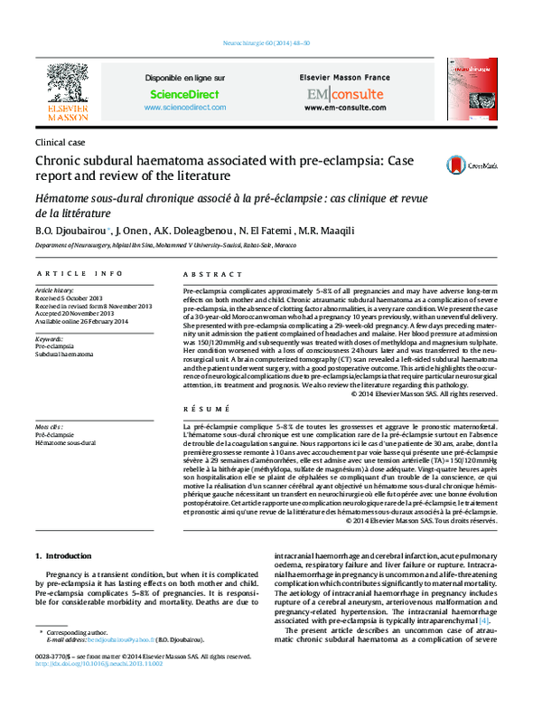 (PDF) Chronic Subdural Hematoma in Pre-Eclampsia: A Case Study