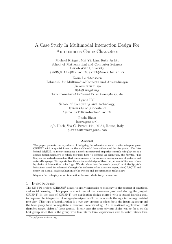 (PDF) A Case Study In Multimodal Interaction Design For Autonomous Game Characters | Ruth Aylett ...