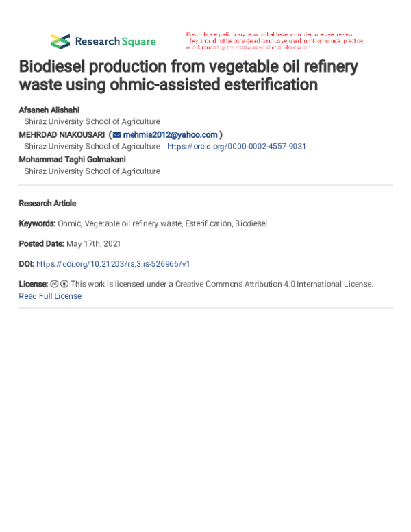 (PDF) Biodiesel production from vegetable oil refinery waste using ...