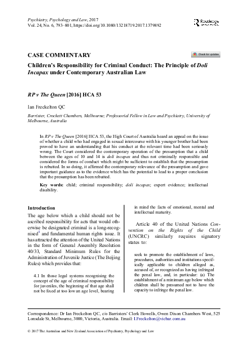 (PDF) Children's Responsibility for Criminal Conduct: The Principle of ...