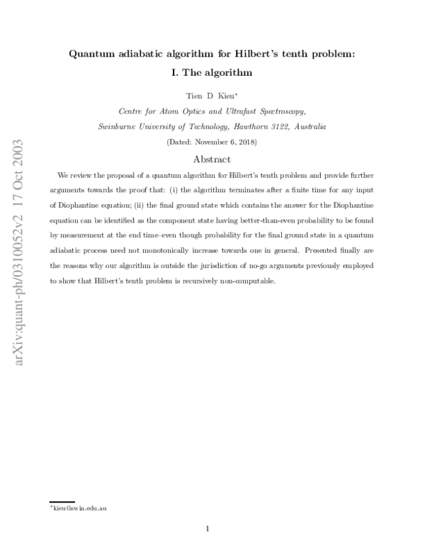 (PDF) Quantum adiabatic algorithm for Hilbert's tenth problem: I. The ...