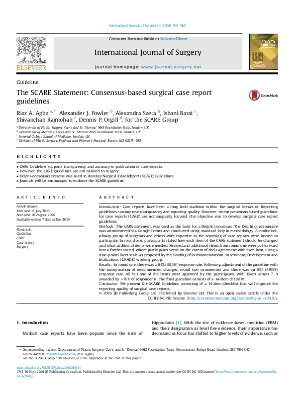 (PDF) The SCARE Statement: Consensus-based surgical case report guidelines