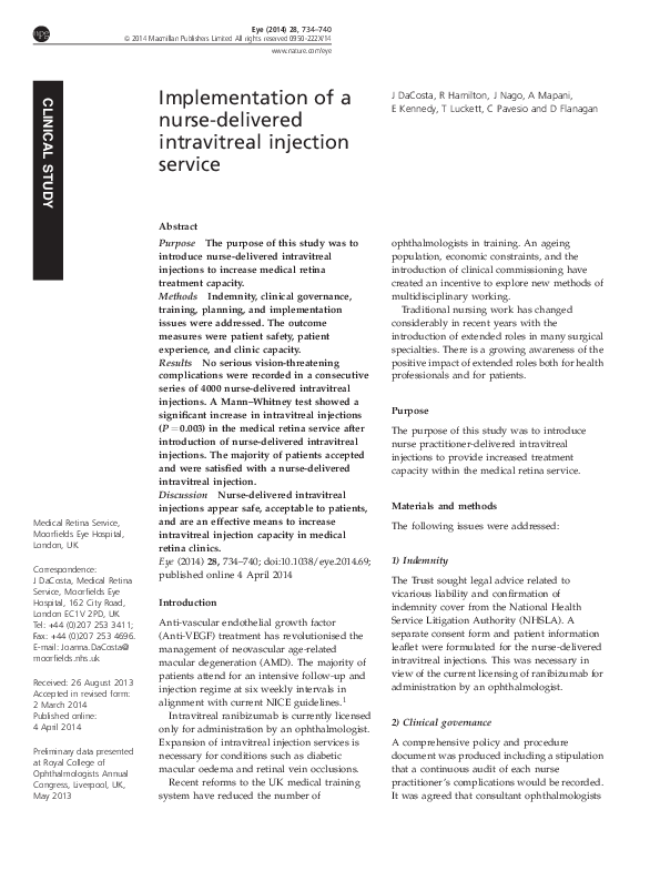 (PDF) Implementation of a nurse-delivered intravitreal injection service