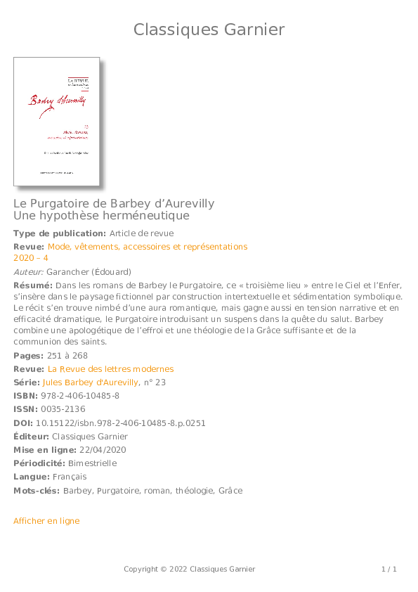 (PDF) Le Purgatoire de Barbey d’Aurevilly - Une hypothèse herméneutique