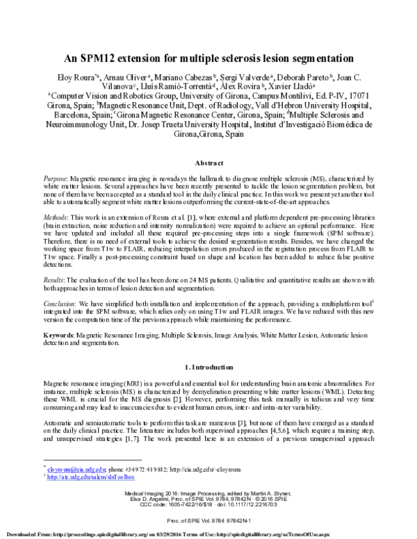 (PDF) An SPM12 extension for multiple sclerosis lesion segmentation | Lluís Ramió-torrentà ...