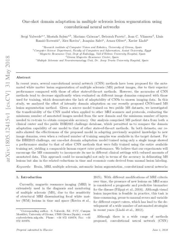 (PDF) One-shot domain adaptation in multiple sclerosis lesion segmentation using convolutional ...