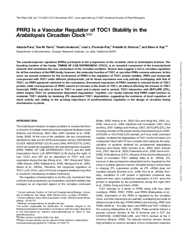 (PDF) PRR3 Is a Vascular Regulator of TOC1 Stability in ...