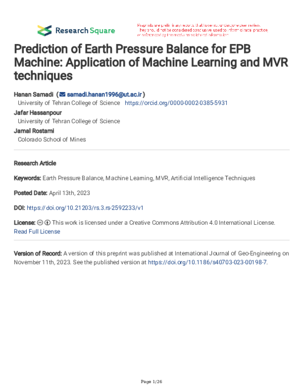 (PDF) Prediction of Earth Pressure Balance for EPB Machine: Application of Machine Learning and ...