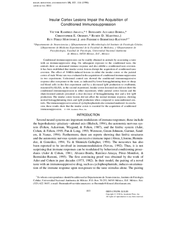 (PDF) Insular Cortex Lesions Impair the Acquisition of Conditioned Immunosuppression