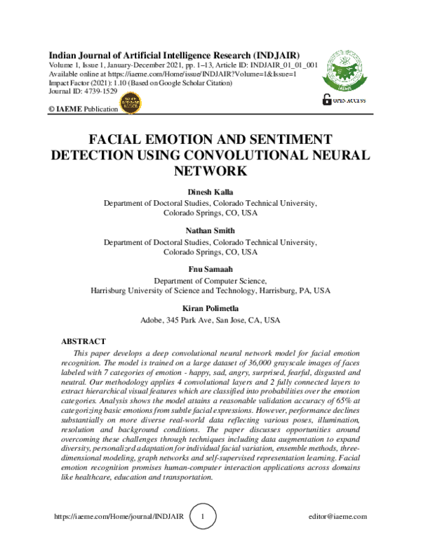 Pdf Facial Emotion And Sentiment Detection Using Convolutional Neural