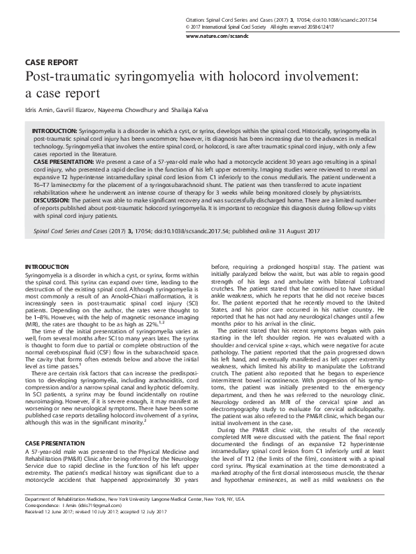 (PDF) Post-traumatic syringomyelia with holocord involvement: a case report