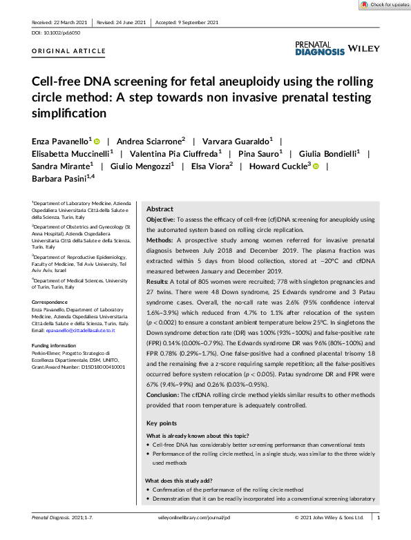 (PDF) Cell‐free DNA screening for fetal aneuploidy using the rolling ...