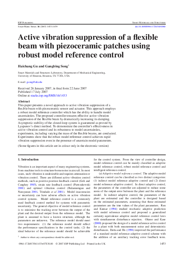 (PDF) Active vibration suppression of a flexible beam with piezoceramic patches using robust ...