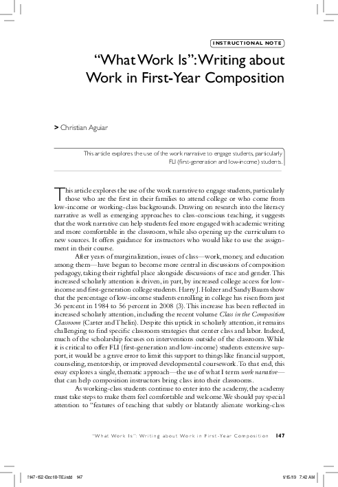 (PDF) Instructional Note: What Work Is”: Writing about Work in First ...