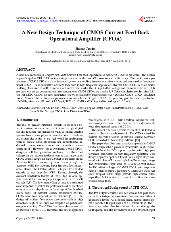 (PDF) A New Design Technique of CMOS Current Feed Back Operational Amplifier (CFOA) | Hassan ...